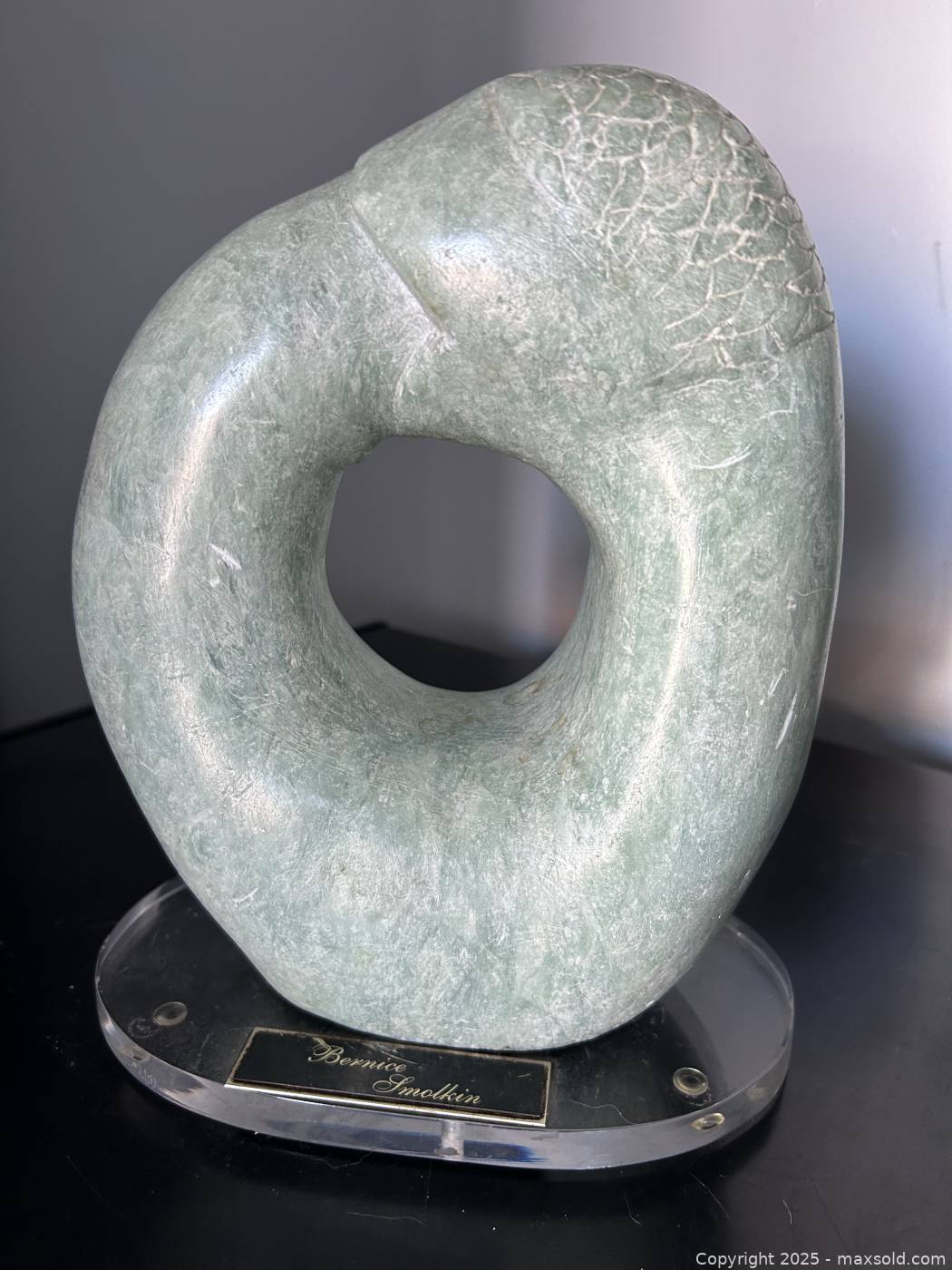 Carved Stone Coiled Serpent Sculpture on Lucite Base Signed Bernice ...