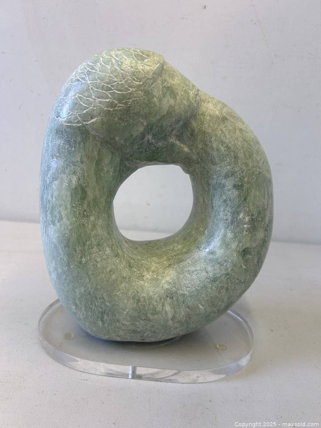 Carved Stone Coiled Serpent Sculpture on Lucite Base Signed Bernice ...