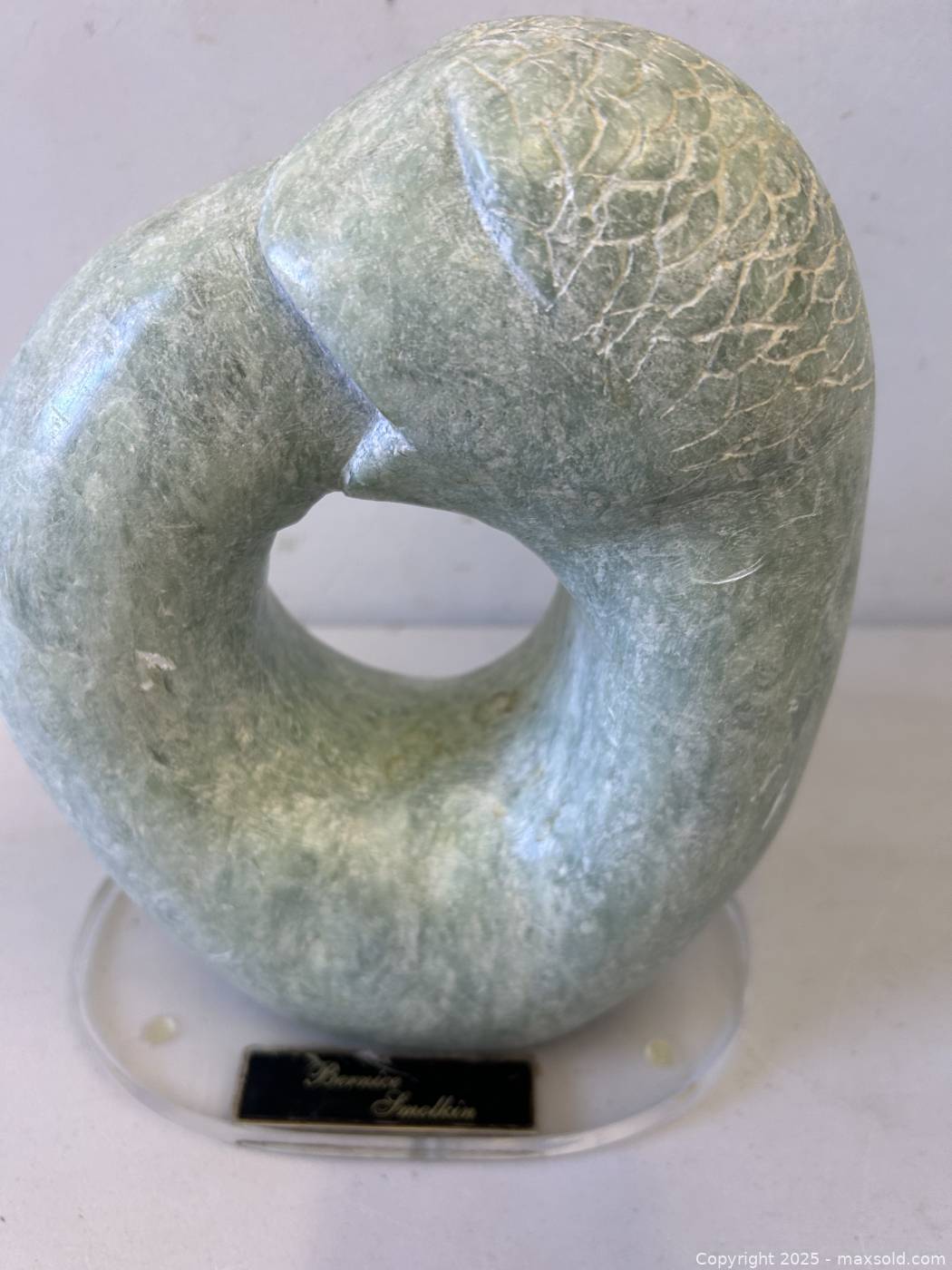 Carved Stone Coiled Serpent Sculpture on Lucite Base Signed Bernice ...