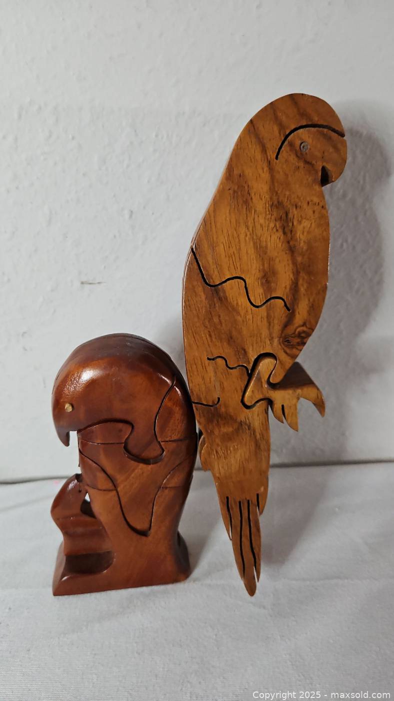 Wooden parrot puzzle jewelry boxes pair | Maxsold