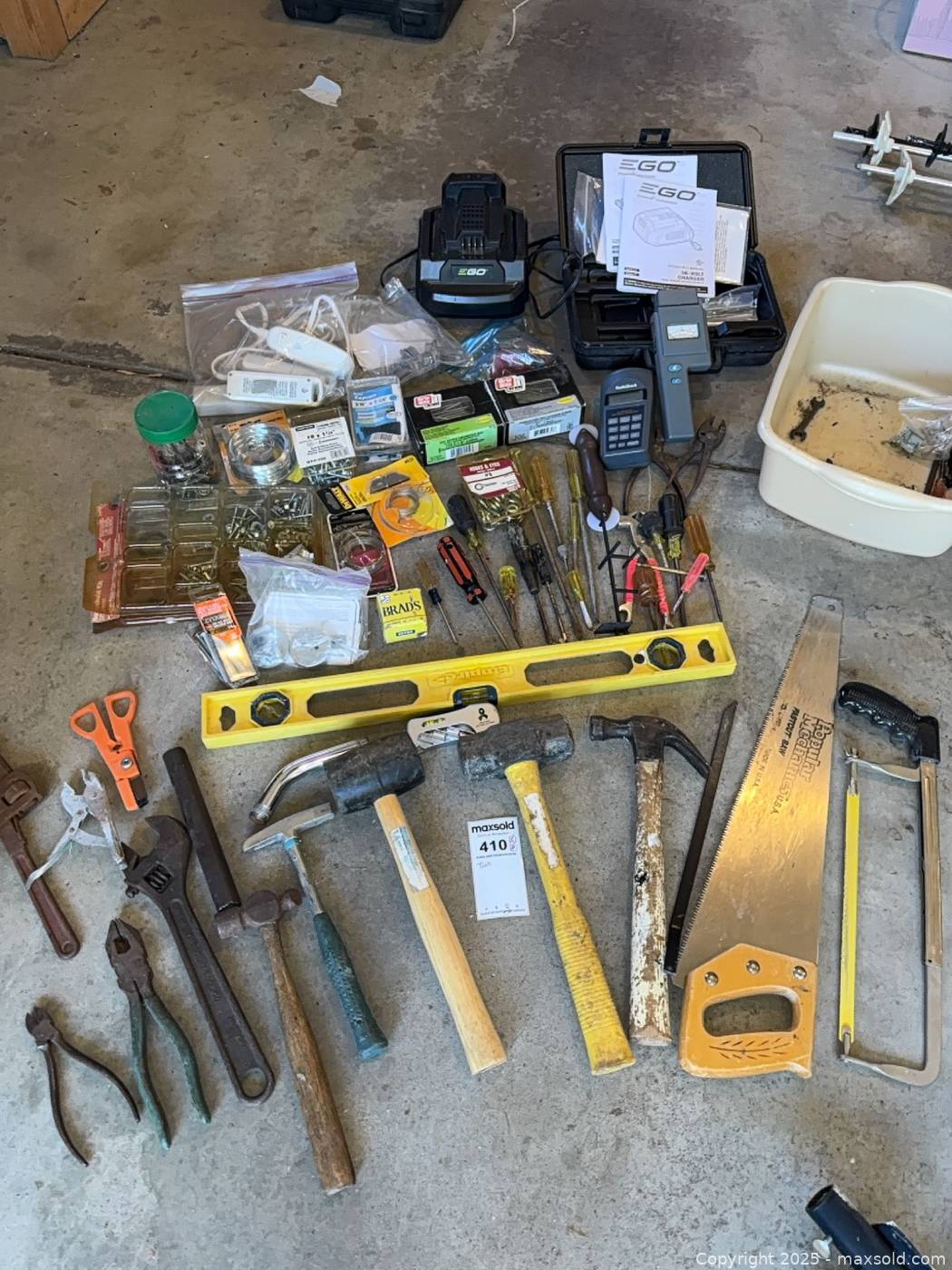 Mixed hand tools, hardware, EGO charger & testers | Maxsold