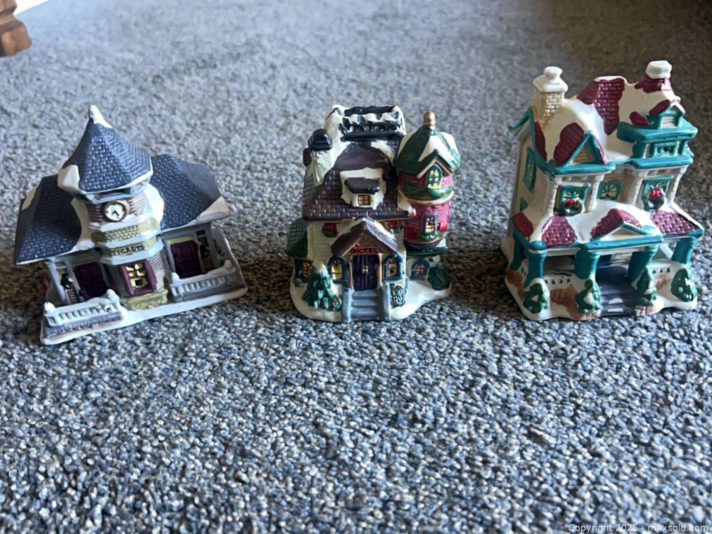 St. Nicholas Square Village Set, 3 Ceramic Houses, Bottle-Brush Trees ...