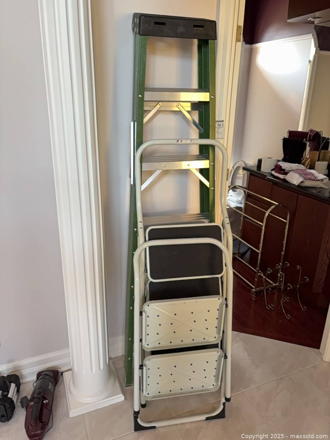 Aluminum 6-ft step ladder and two folding step stools | Maxsold