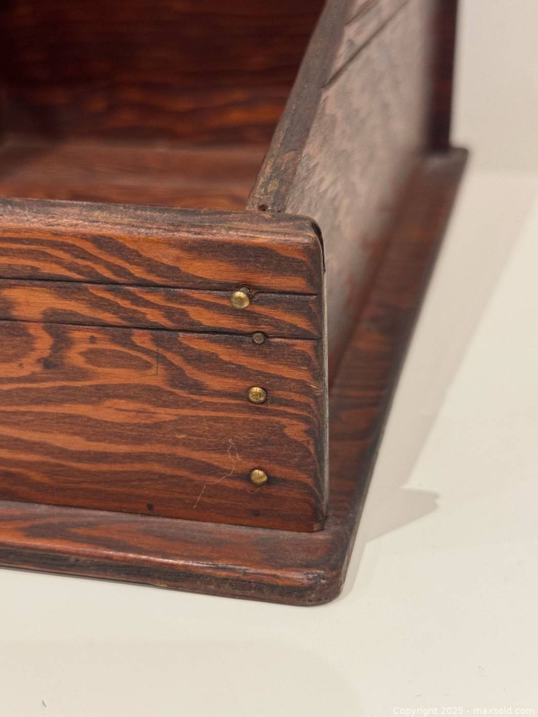 Wooden hinged writing storage box with carved “D” | Maxsold