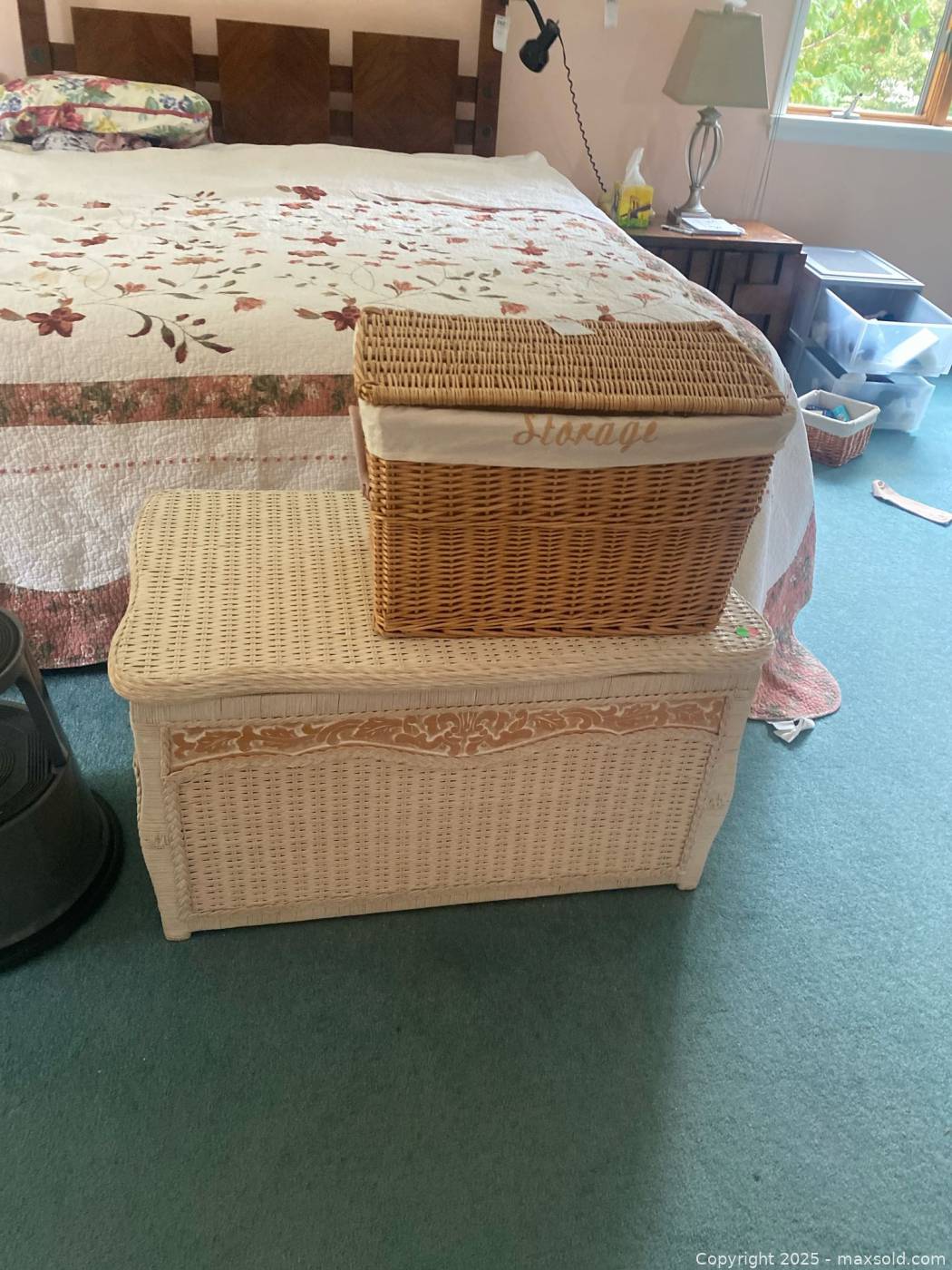 Wicker blanket chest, lined wicker basket, round metal step stool | Maxsold