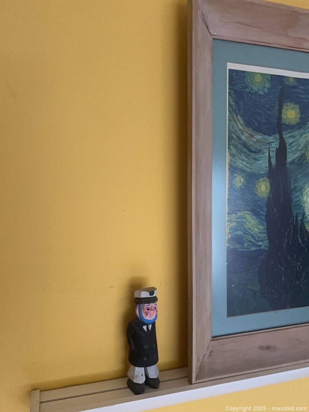 Framed Starry Night print & carved captain figurine | Maxsold