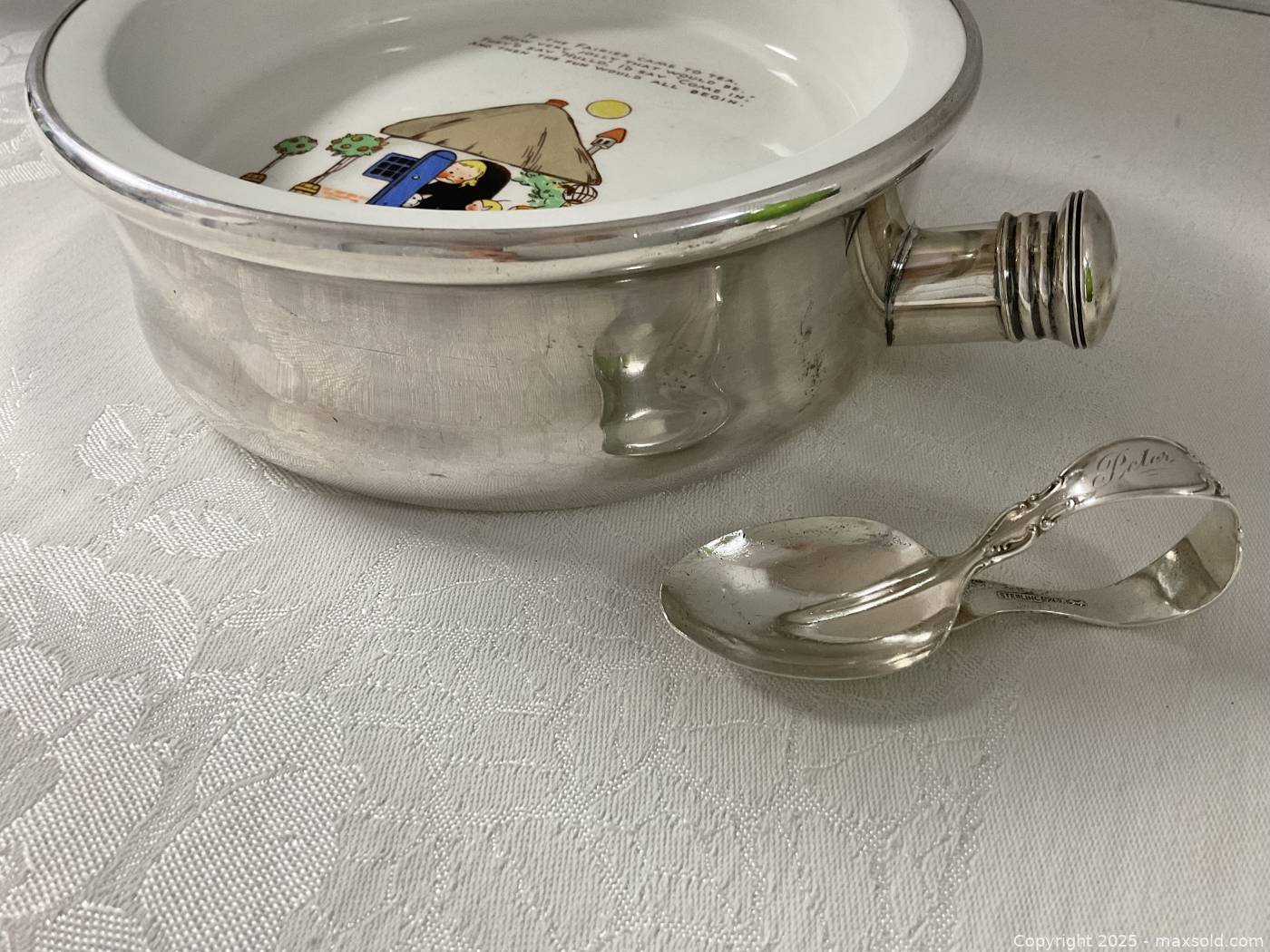 Sterling silver baby spoon and Warwick heated nursery rhyme bowl | Maxsold