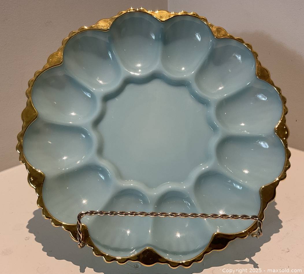 Fire King blue milk glass egg plate with gold trim | Maxsold