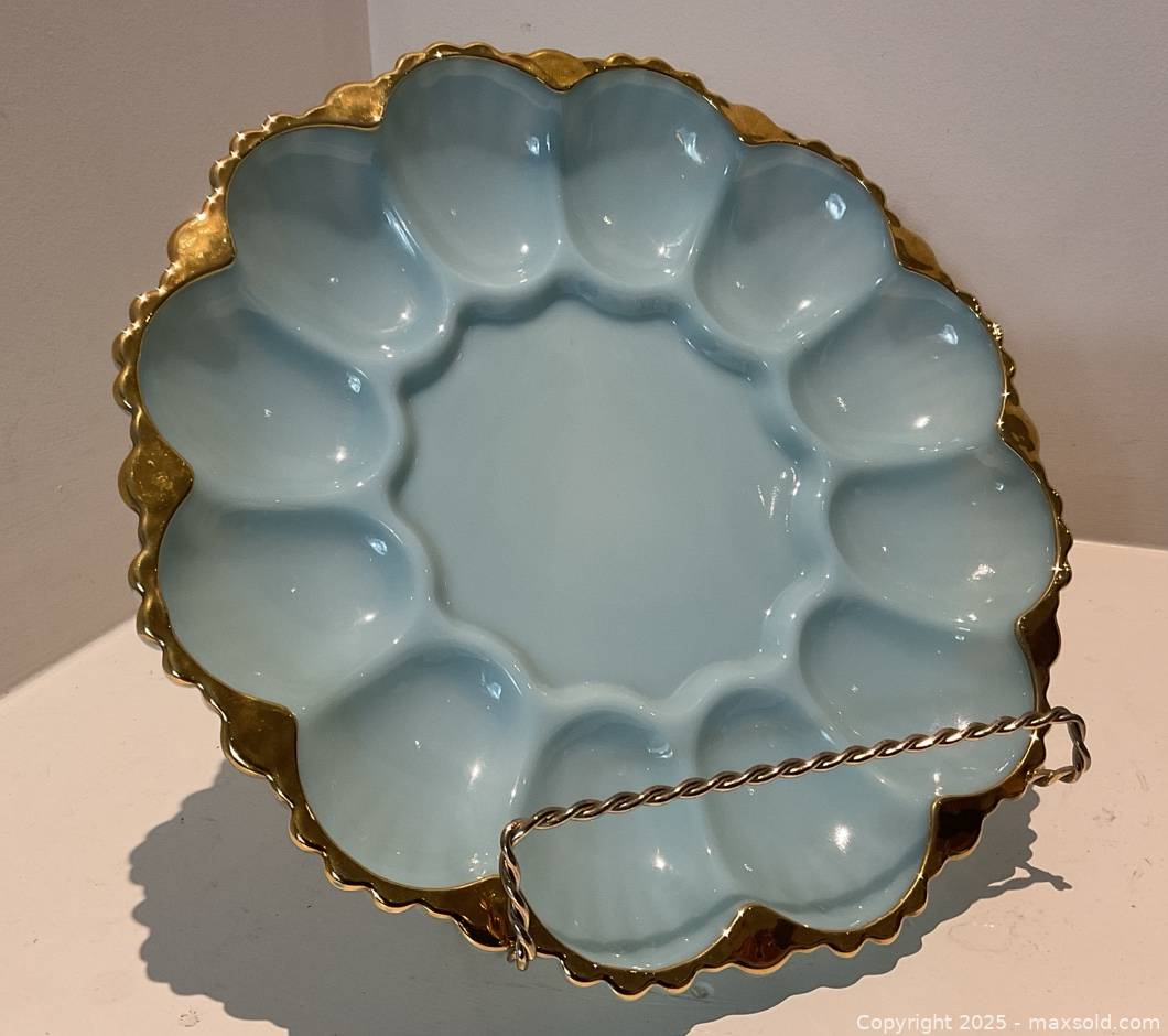 Fire King blue milk glass egg plate with gold trim | Maxsold