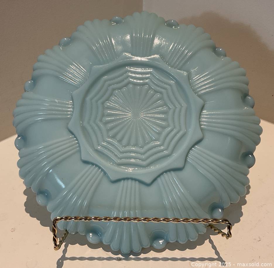 Fire King blue milk glass egg plate with gold trim | Maxsold