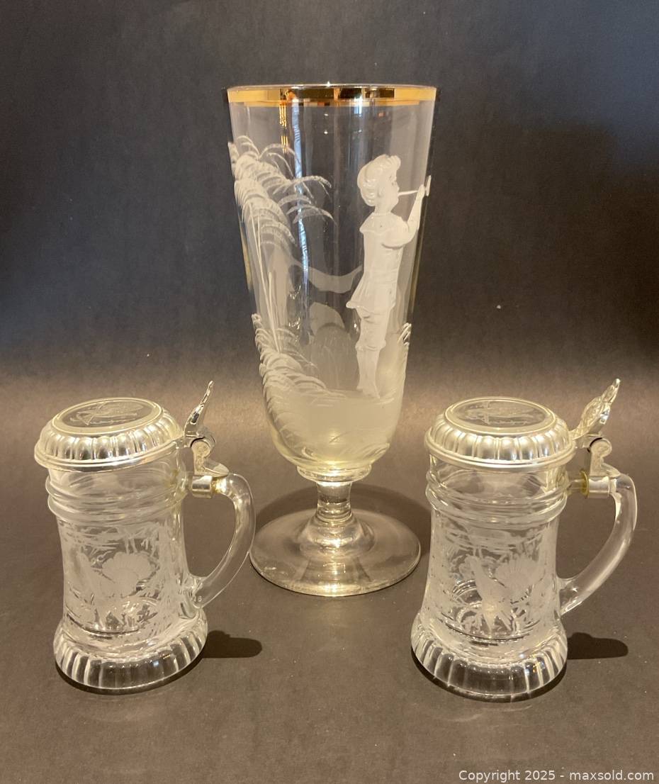 Mary Gregory Glass Goblet And Two BMF Mini Steins | Maxsold