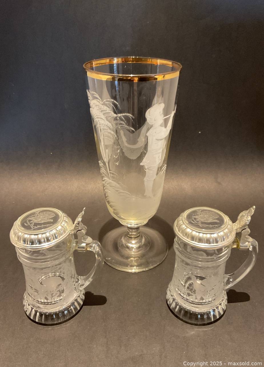 Mary Gregory Glass Goblet And Two BMF Mini Steins | Maxsold