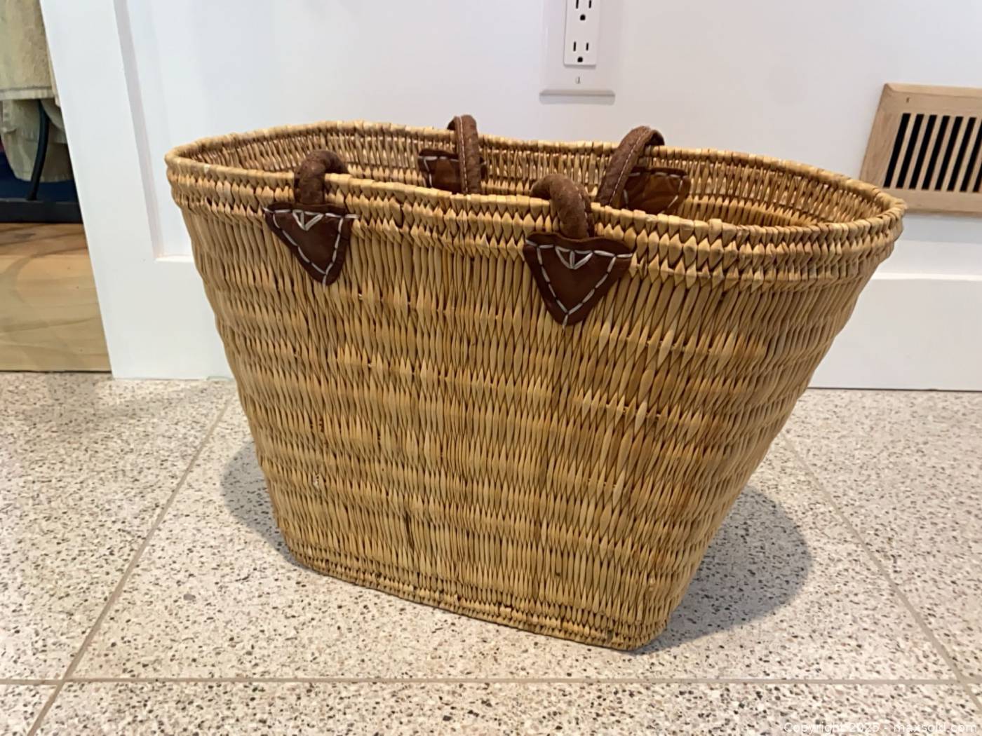 Handmade Woven Market Basket with Leather Handles | Maxsold