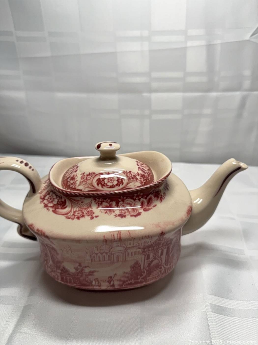 Ceramic Teapot, Cream with Red Transferware | Maxsold