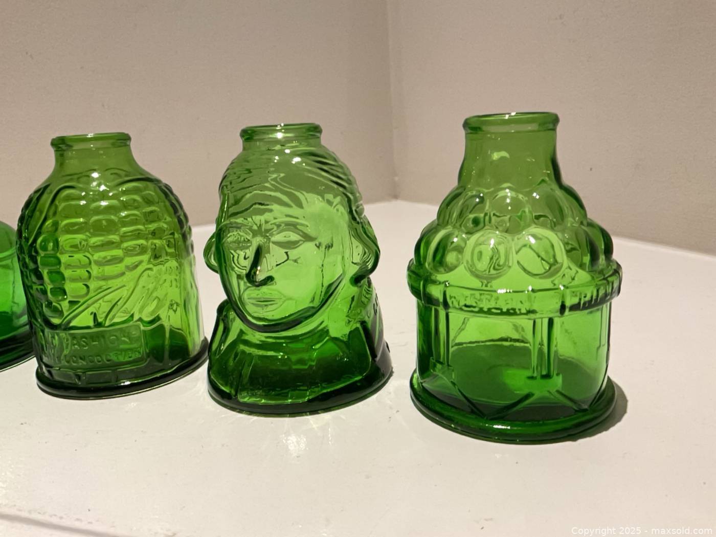 Vintage Wheaton green glass figural bottles, 4 | Maxsold