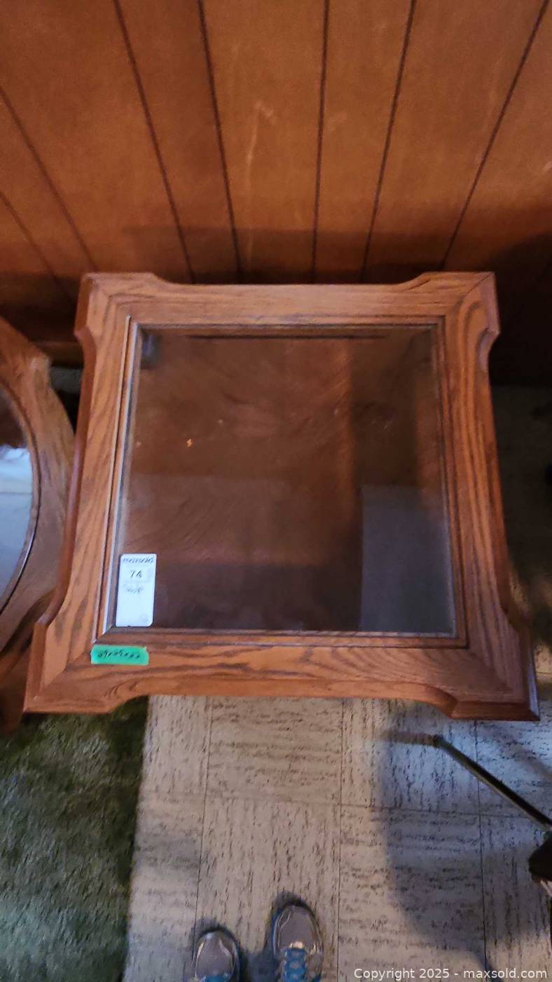 Oak square end table with glass top | Maxsold