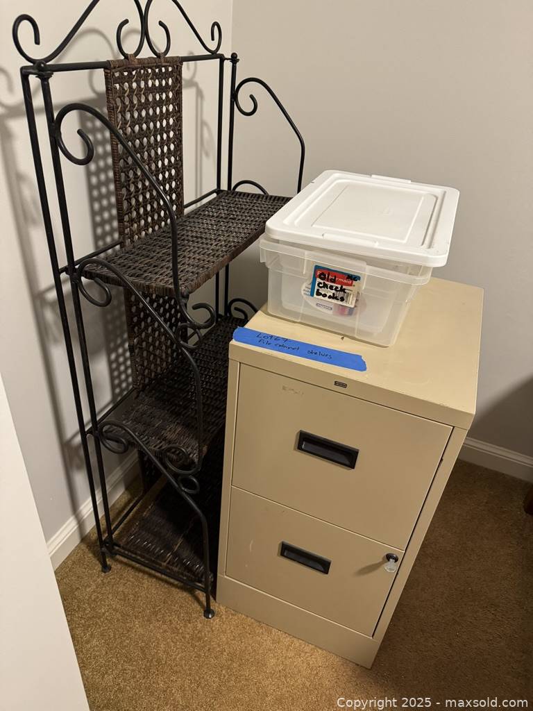 Locking file cabinet, folding metal shelf, plastic box | Maxsold