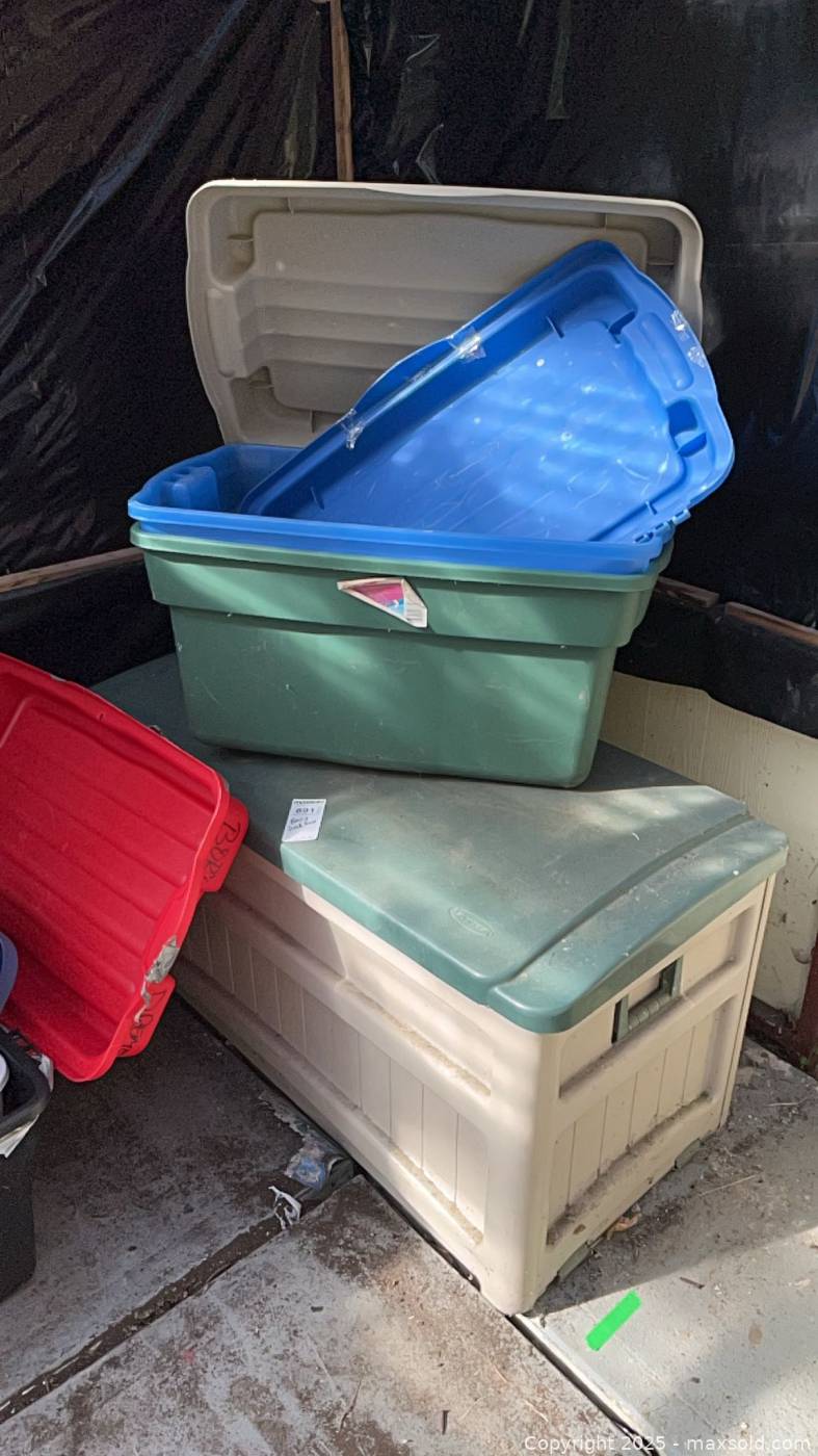 Deck box with plastic storage totes | Maxsold