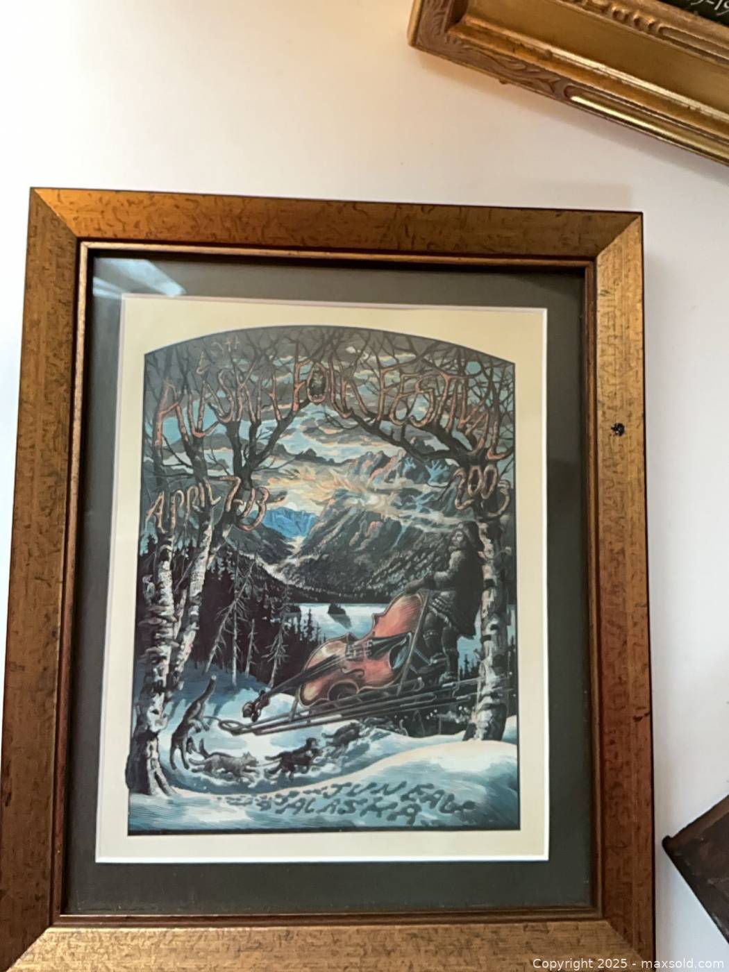 Framed Alaskan music festival posters and unfinished cigar box string ...