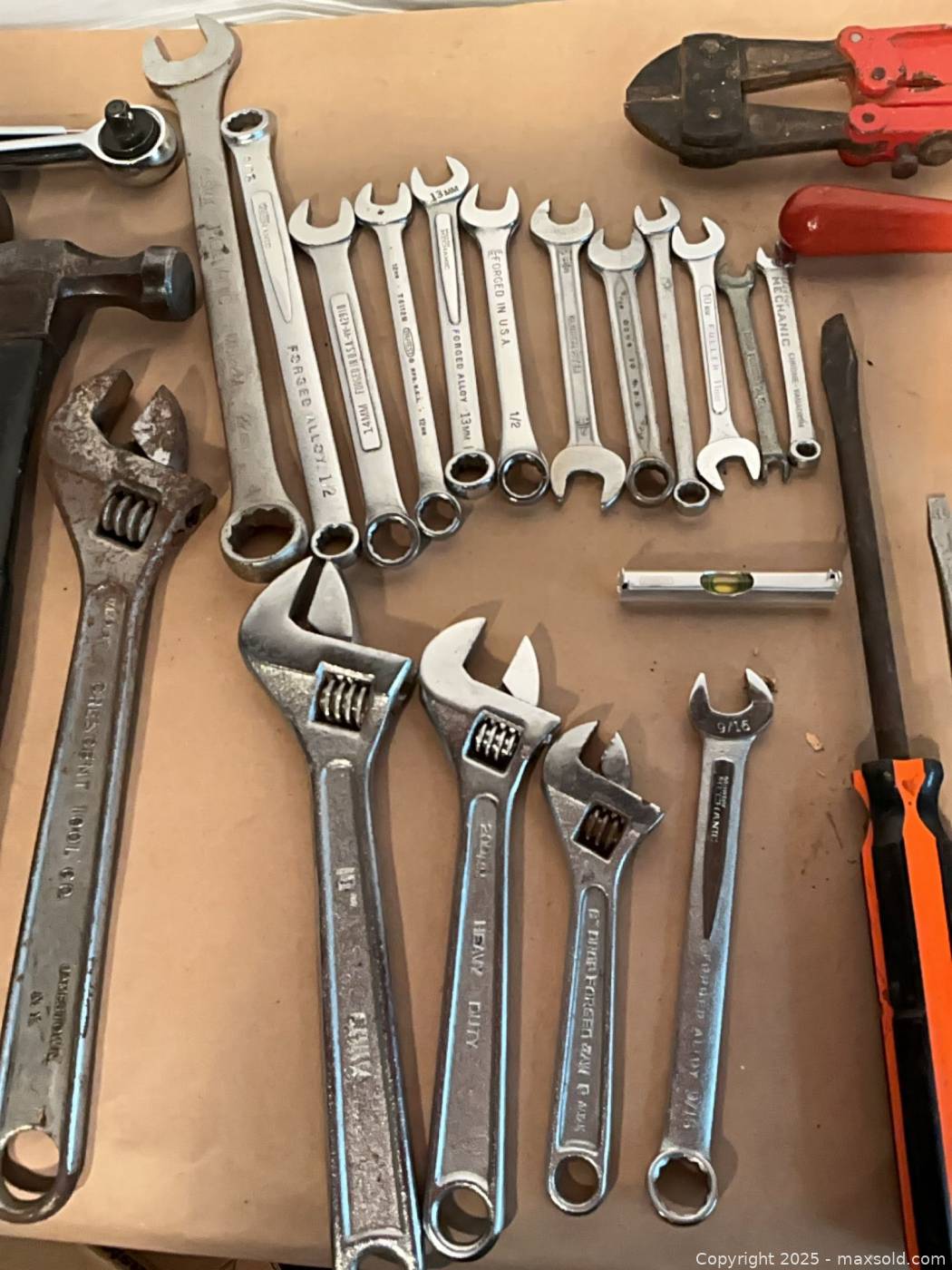 Hand tools assortment: wrenches, screwdrivers, hammers, bolt cutter ...