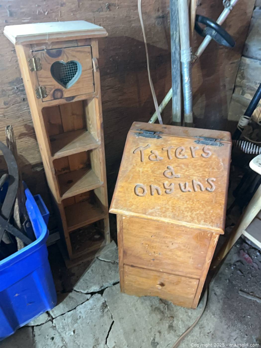 Rustic pine shelf cabinet and potato–onion bin | Maxsold