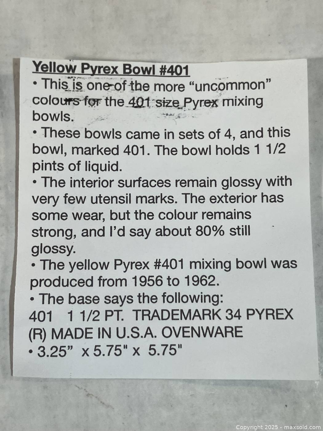 Yellow Pyrex #401 Mixing Bowl | Maxsold