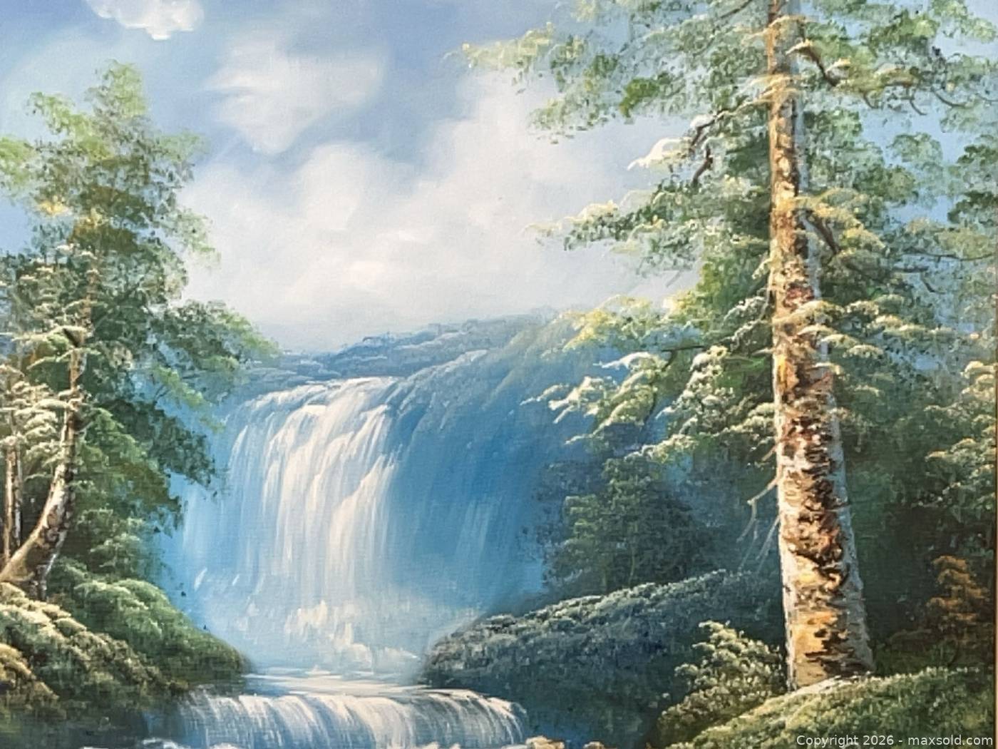 Oil on canvas waterfall landscape signed Winton, framed 27" x 31" | Maxsold