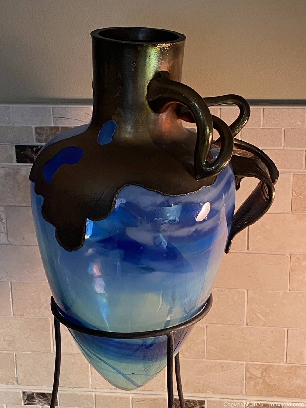 Hand made aqua blue art glass vase with bronze overlay and metal stand ...