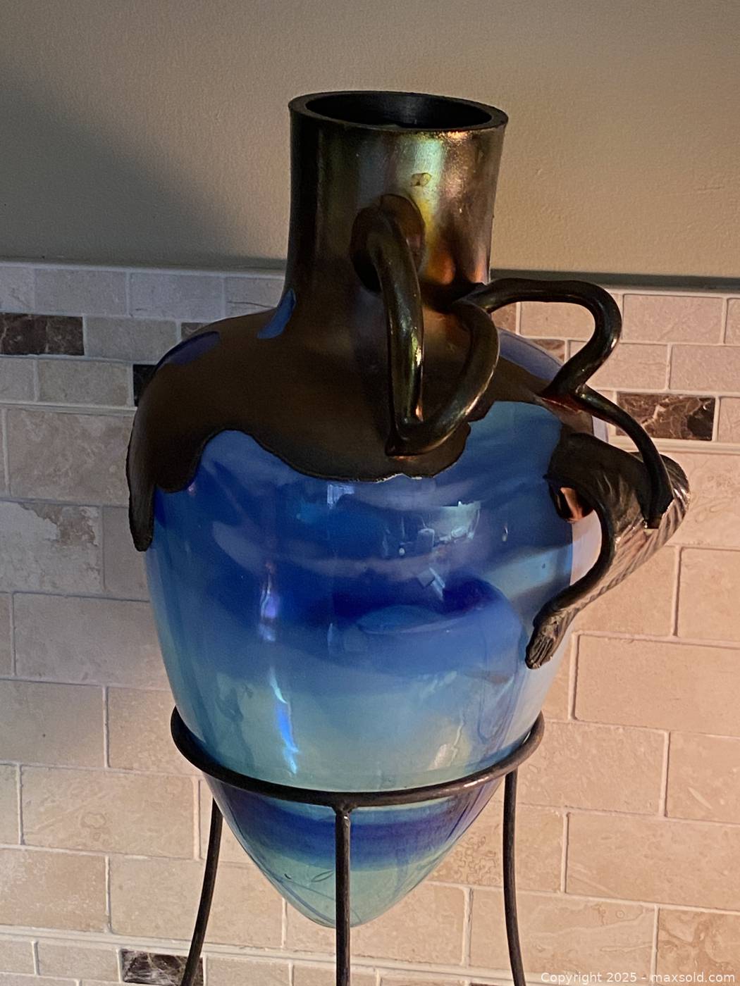 Hand made aqua blue art glass vase with bronze overlay and metal stand ...