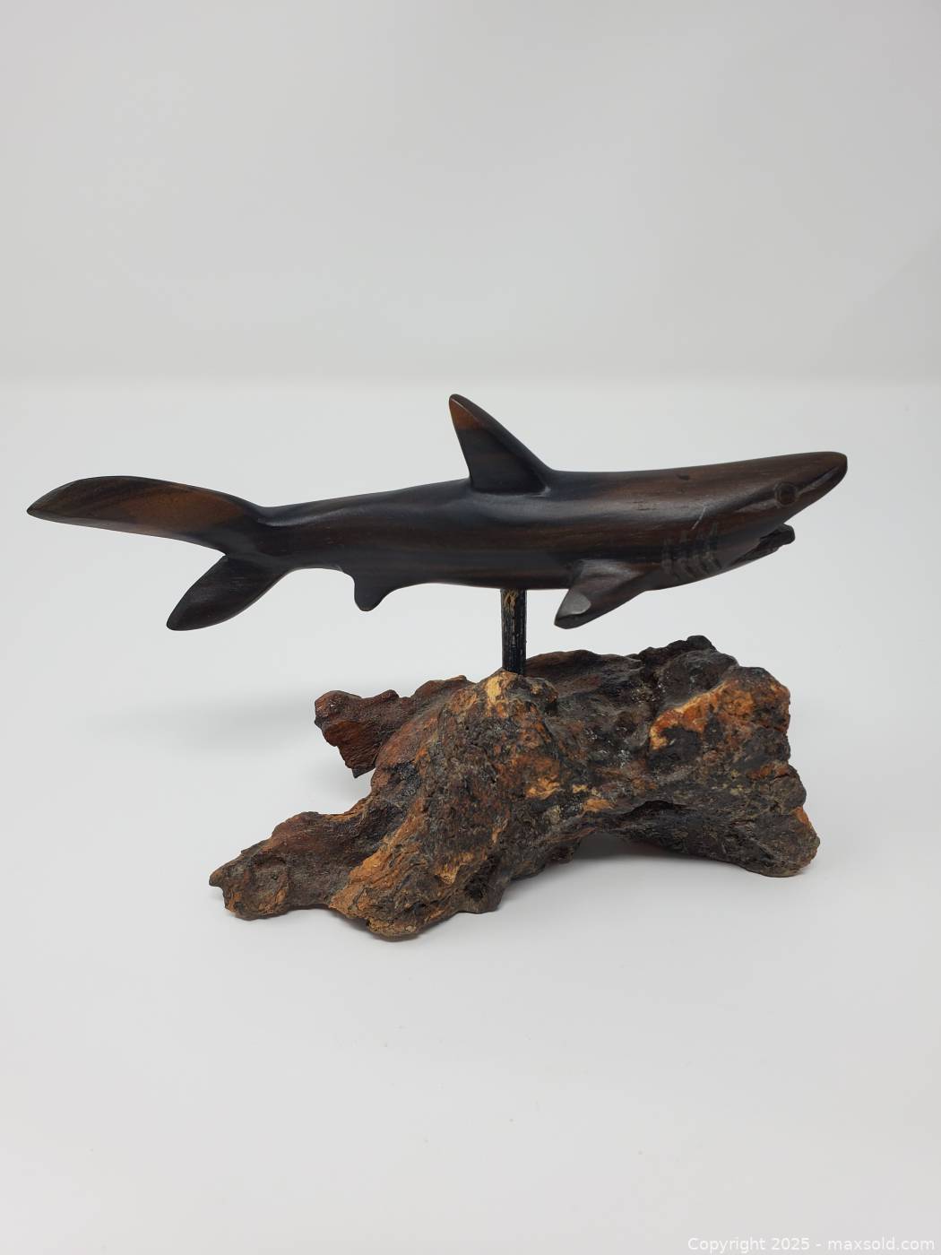 Hand Carved Wood Shark Sculpture on Burl | Maxsold