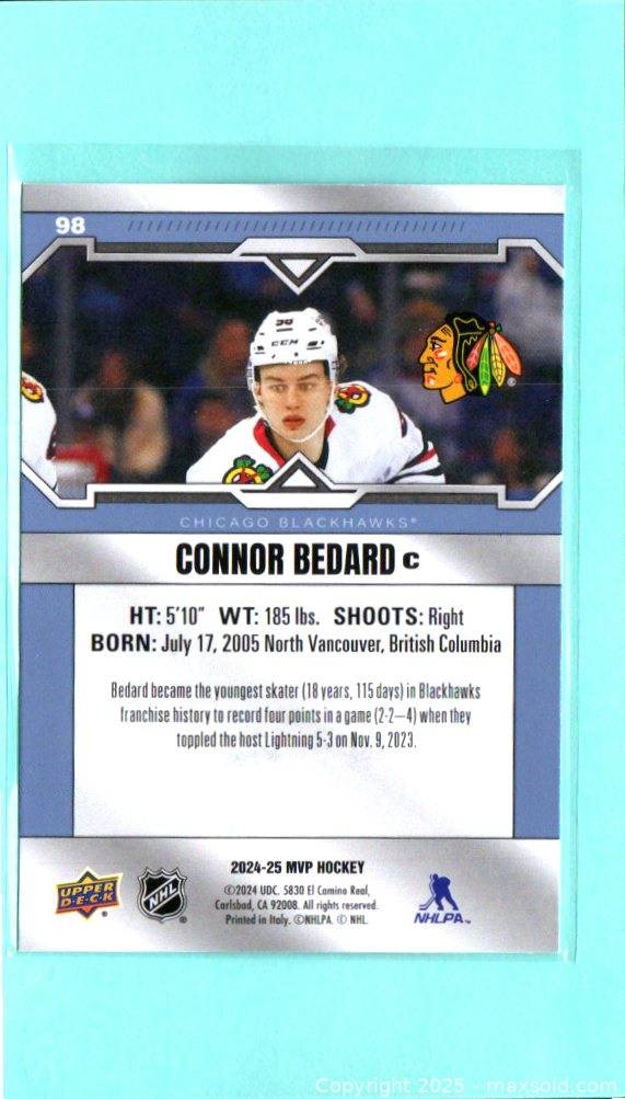 Connor Bedard #98 Upper Deck MVP card | Maxsold