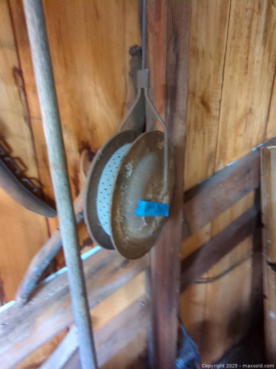 Vintage saw, pitchfork, axe, yoke parts, pulley, chalk marker | Maxsold