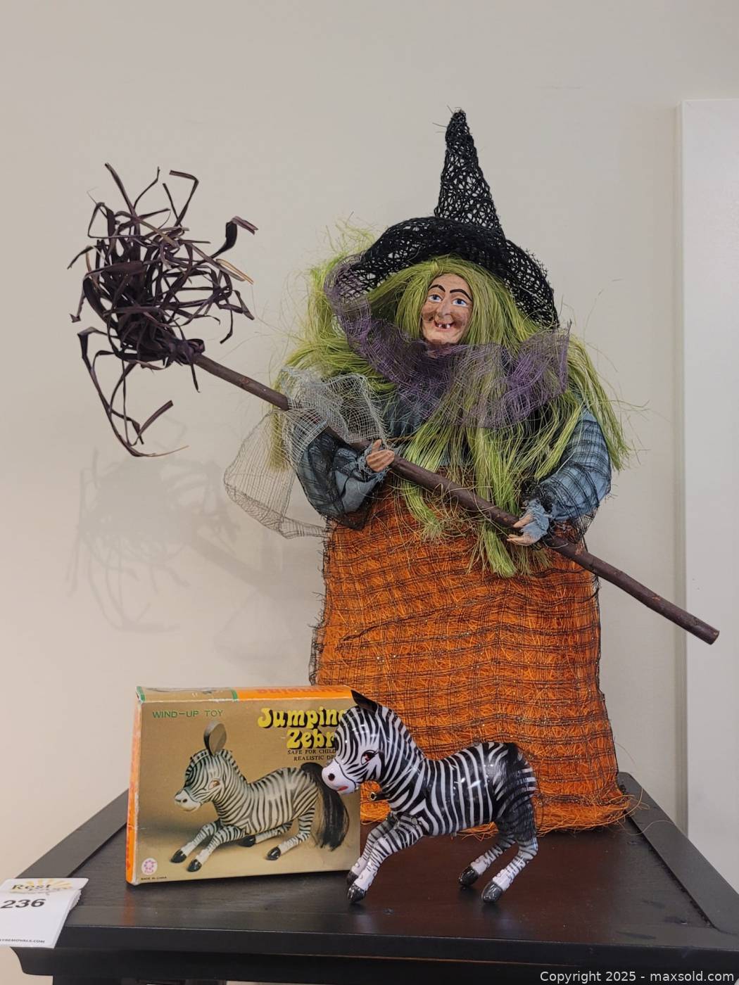 MS Jumping Zebra Tin Wind-Up Toy With Box And Halloween Witch Figurine ...