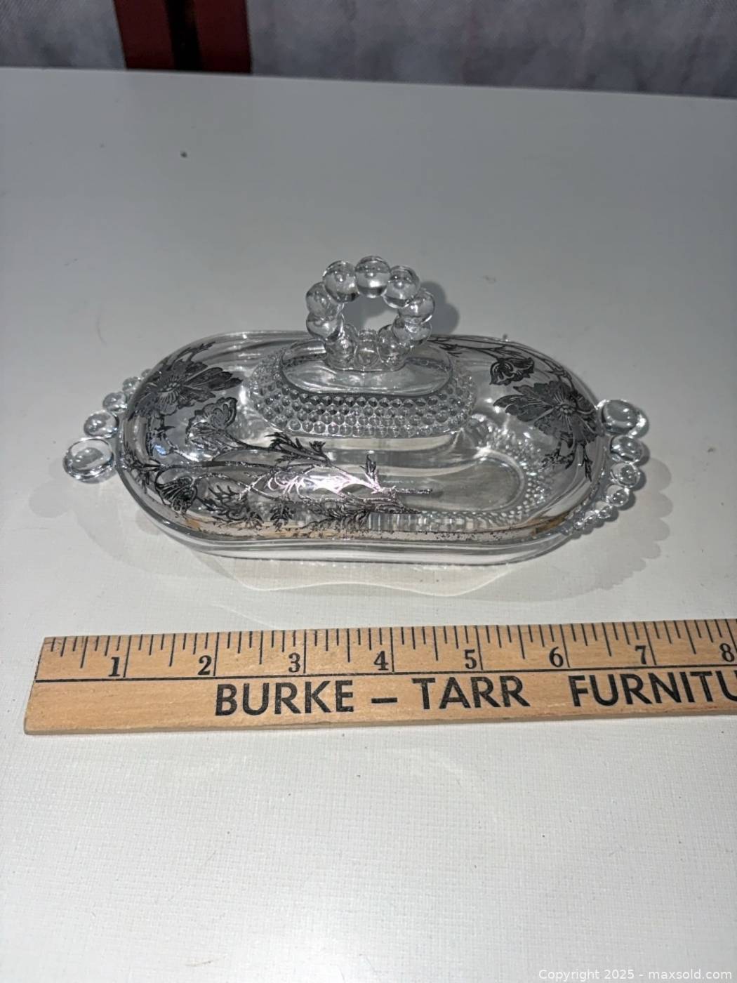 Vintage clear glass floral tableware w silver rim | Maxsold