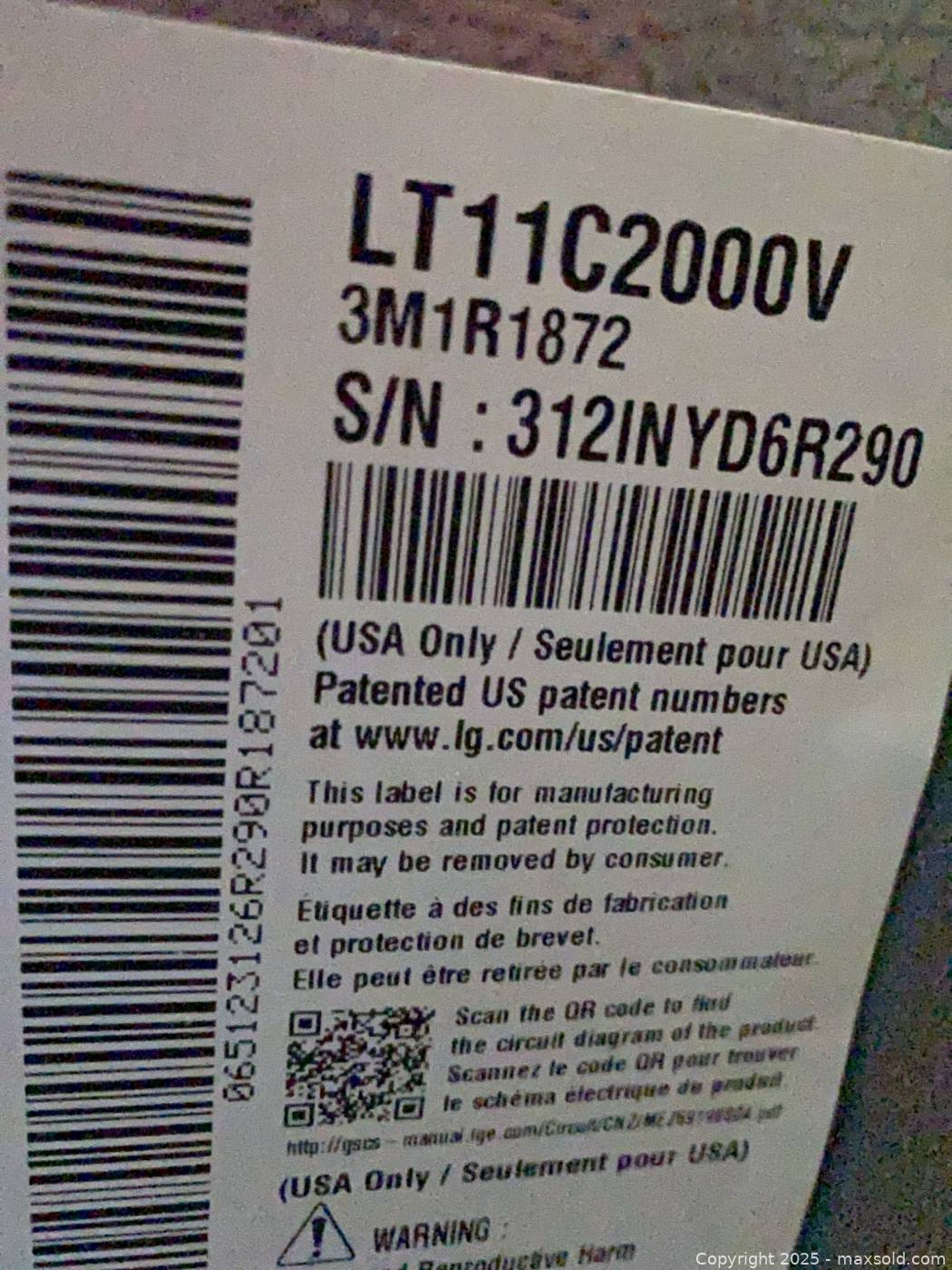 LG LT11C2000V 11 cu ft stainless refrigerator | Maxsold