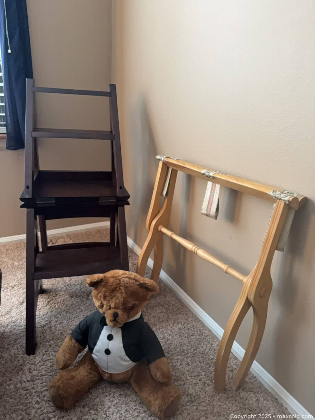 Wood step stool chair, wood luggage rack, dressed teddy bear | Maxsold