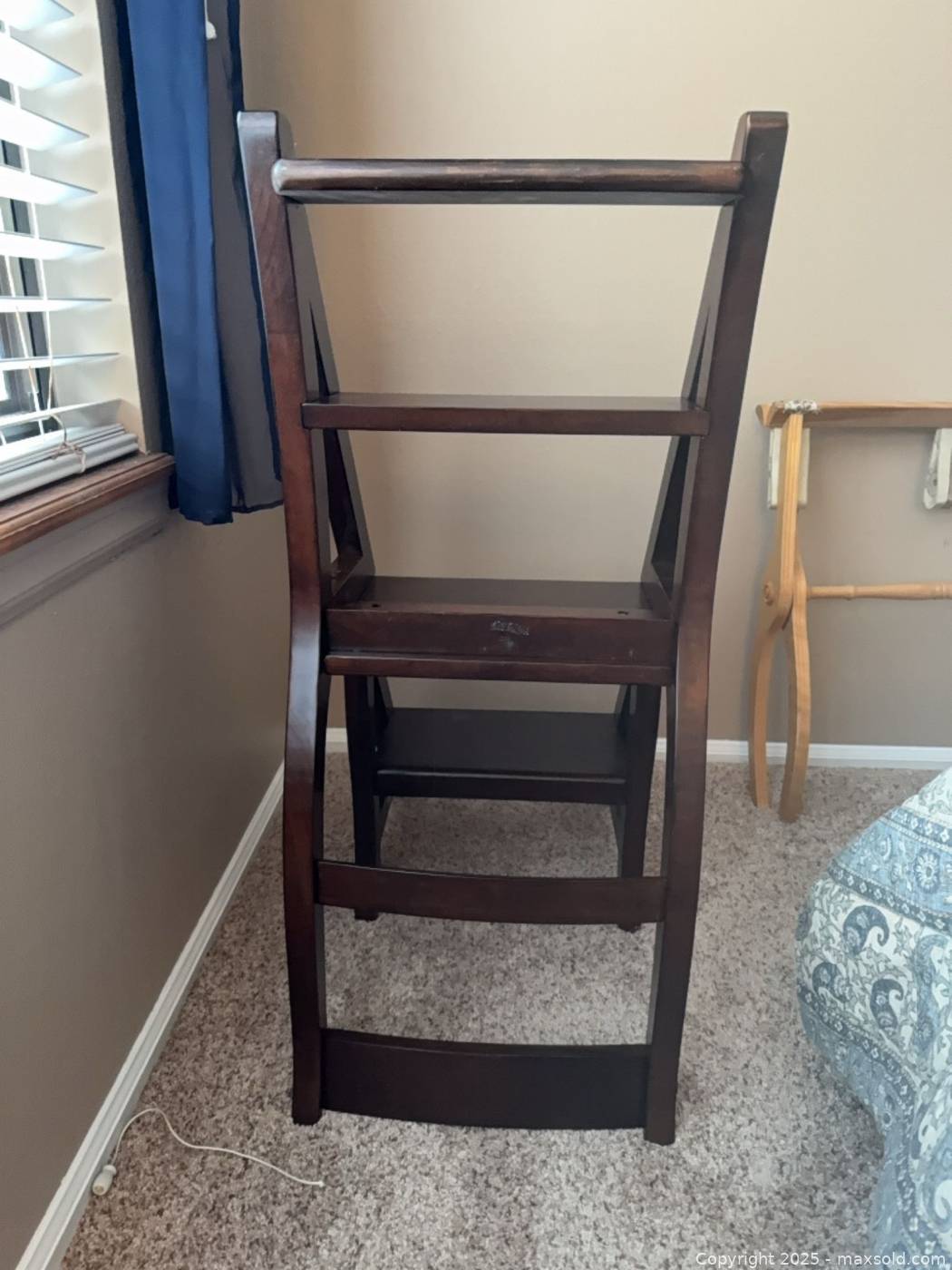 Wood step stool chair, wood luggage rack, dressed teddy bear | Maxsold