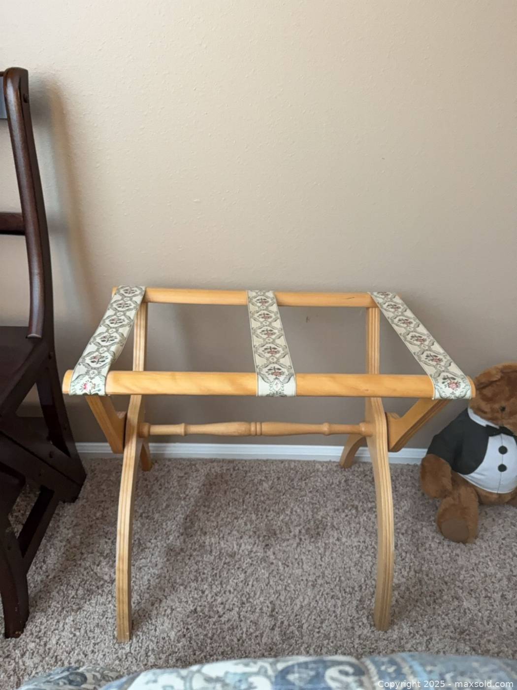 Wood step stool chair, wood luggage rack, dressed teddy bear | Maxsold