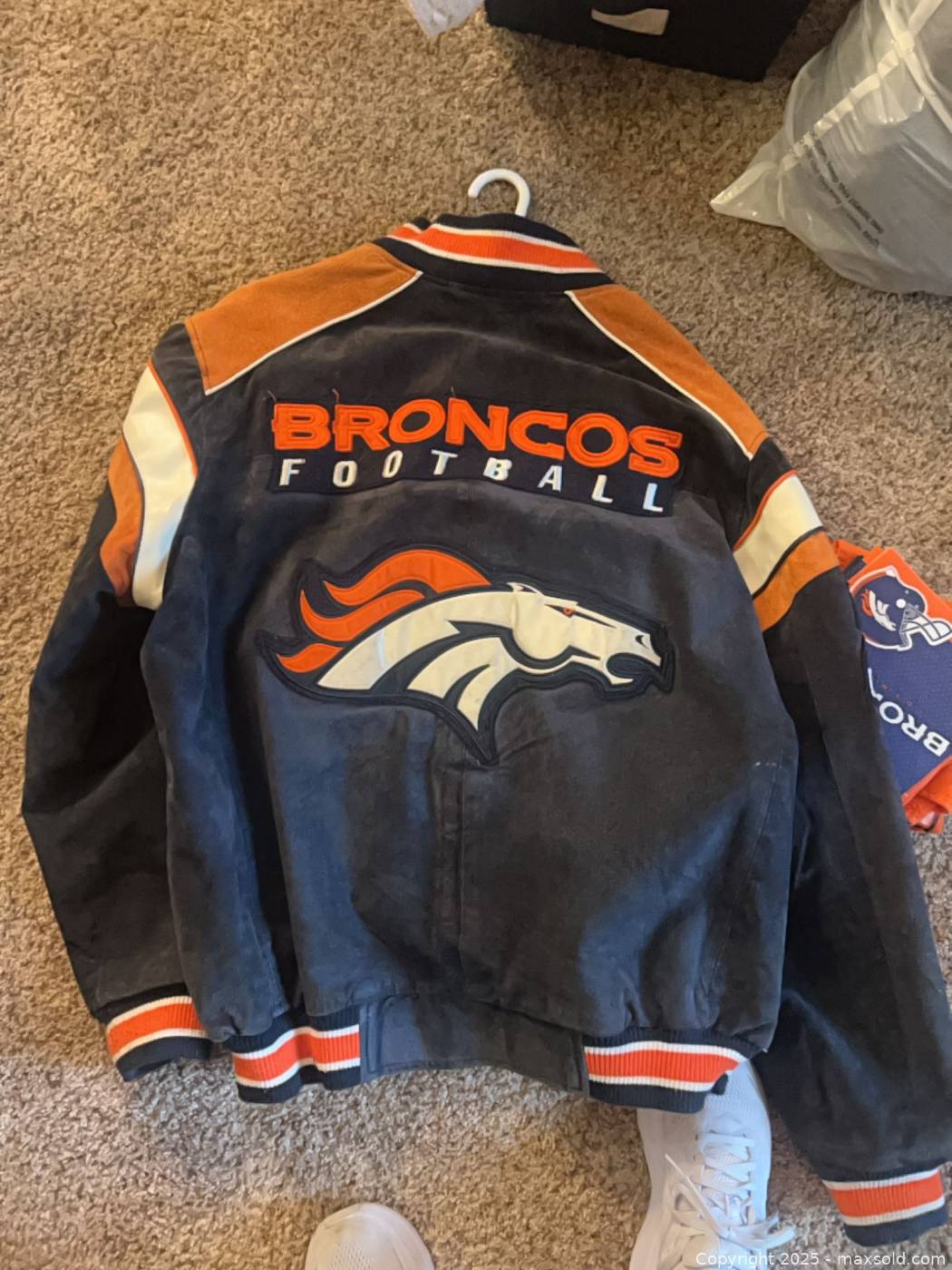 Denver Broncos NFL suede varsity jacket XL with towels & napkins | Maxsold