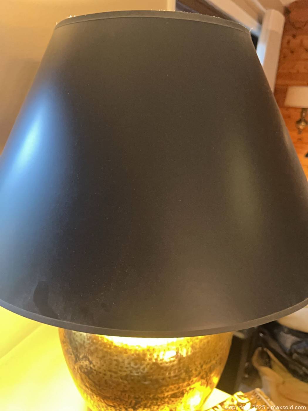 Ethan Allen gold-tone table lamp and gold/black table runner | Maxsold