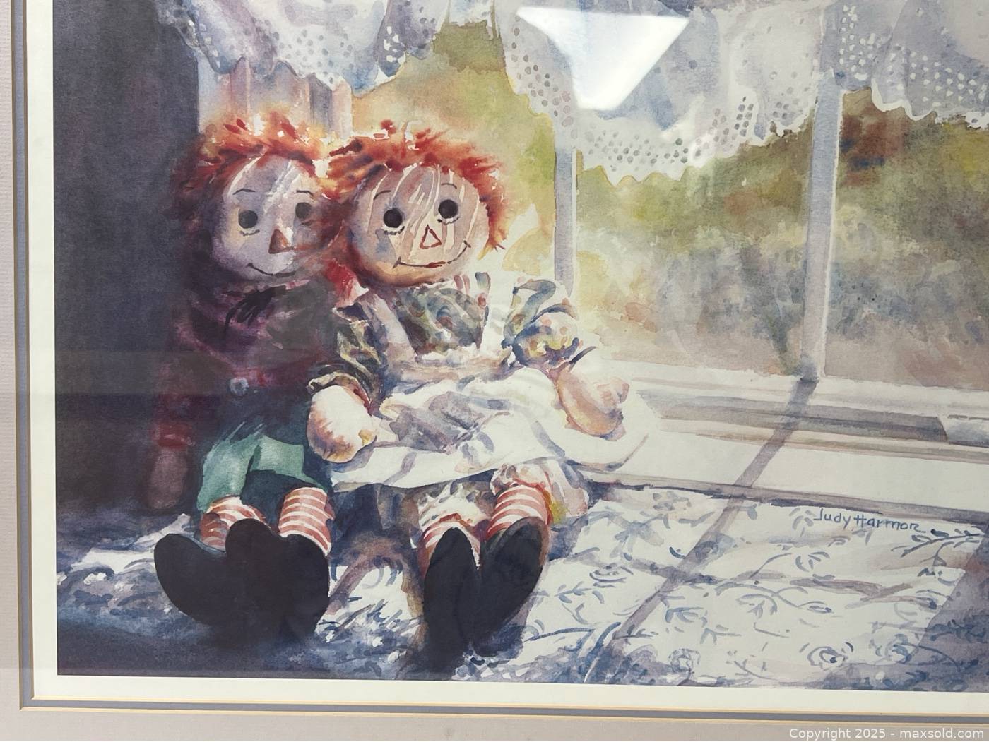 Framed Raggedy Ann and Andy watercolor print, signed Judy Harmon | Maxsold