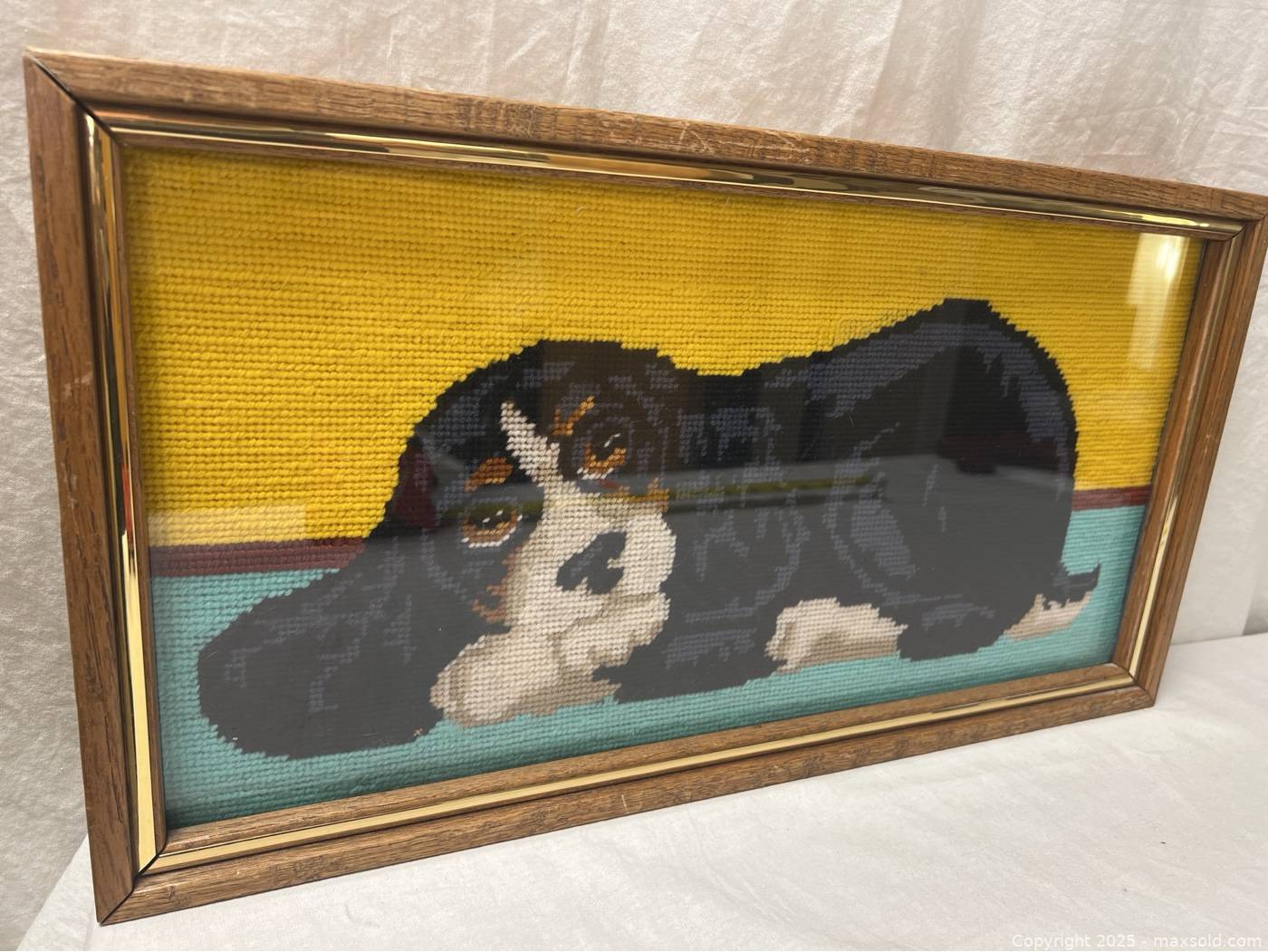 Vintage Framed Needlepoint Dog Portrait | Maxsold