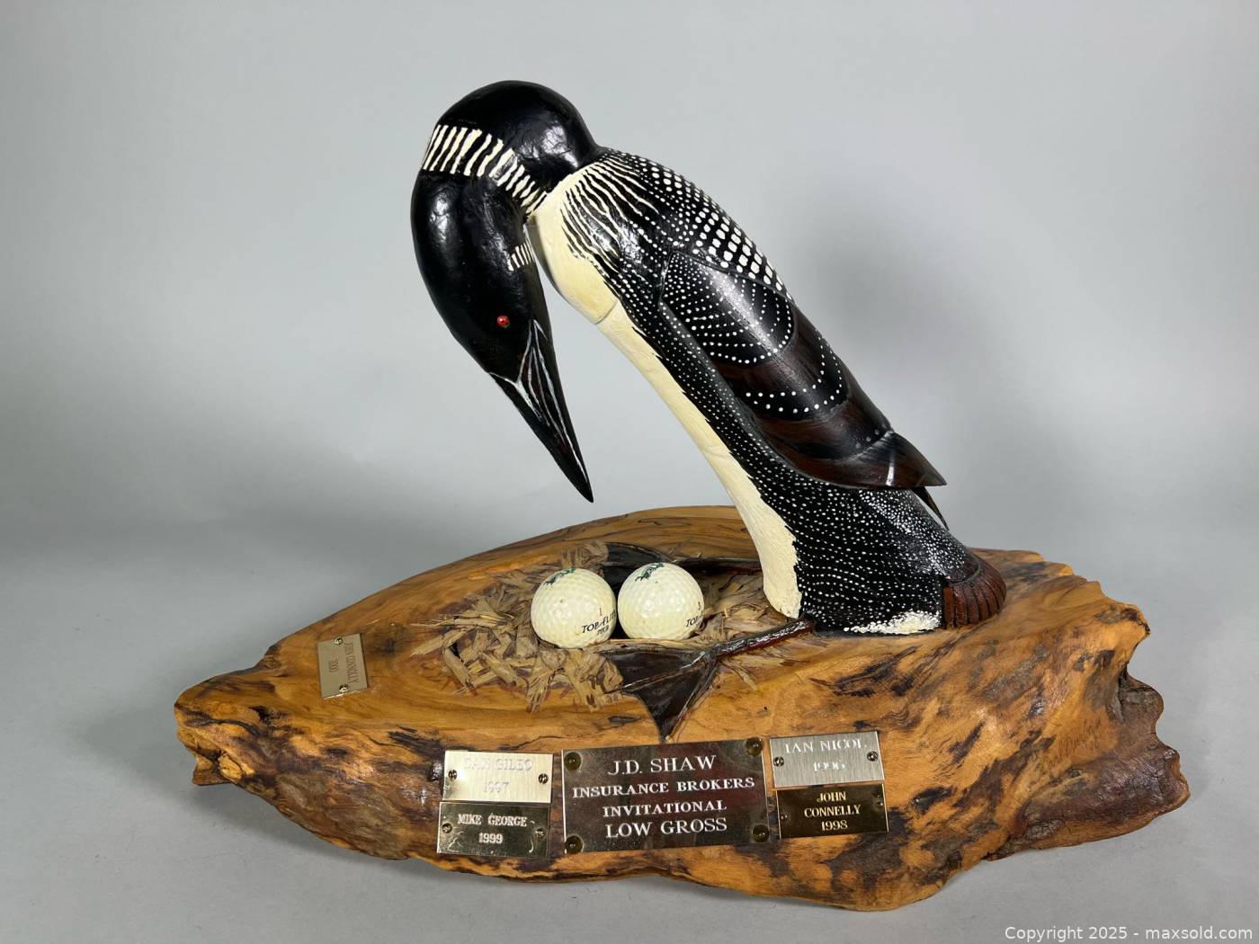 Handcrafted Painted Wood Loon Sculpture On Live Edge Base | Maxsold