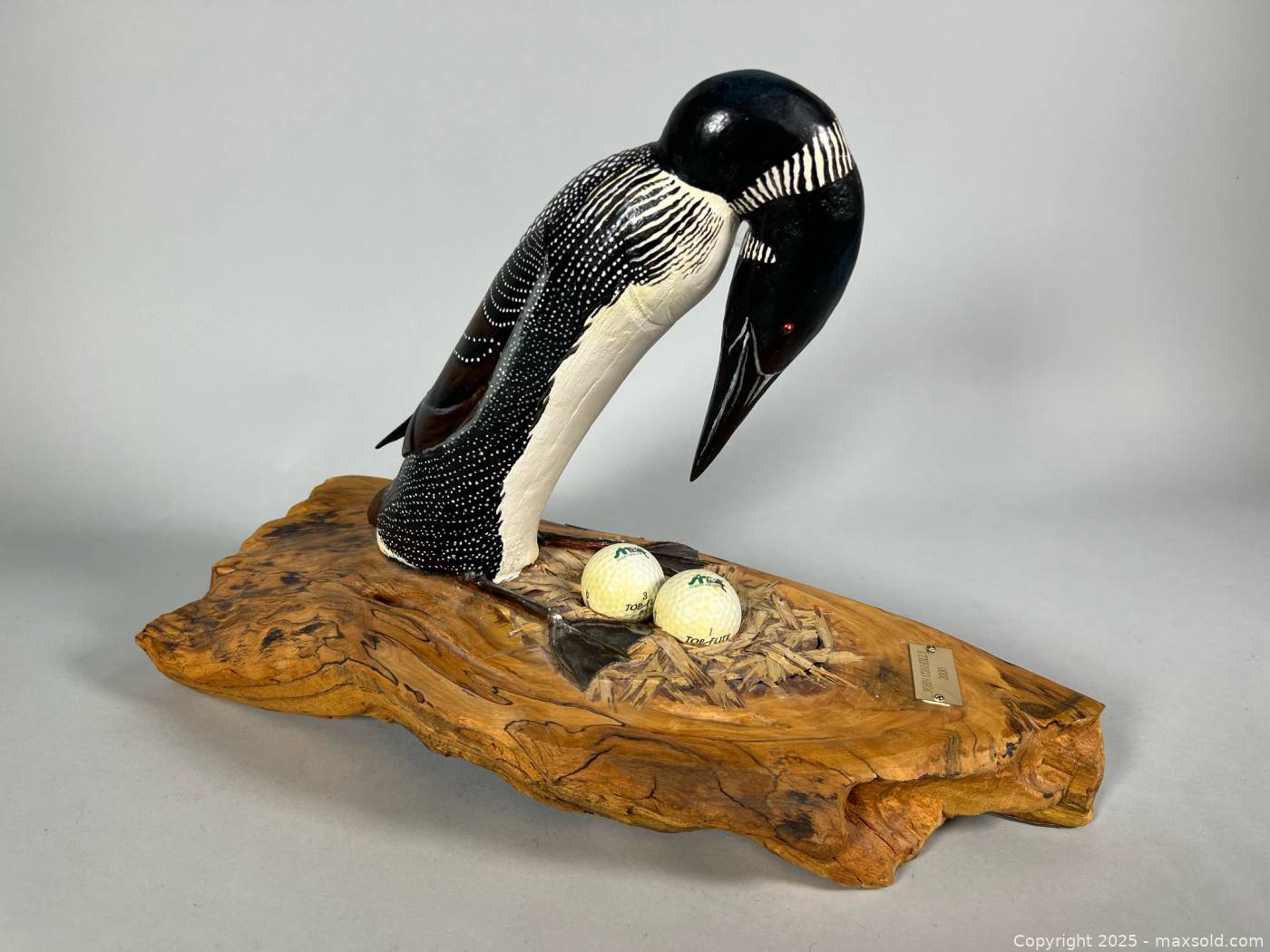 Handcrafted Painted Wood Loon Sculpture On Live Edge Base | Maxsold