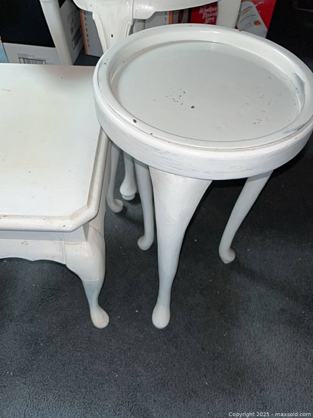 Painted hardwood writing desk, two end tables and planter stand | Maxsold