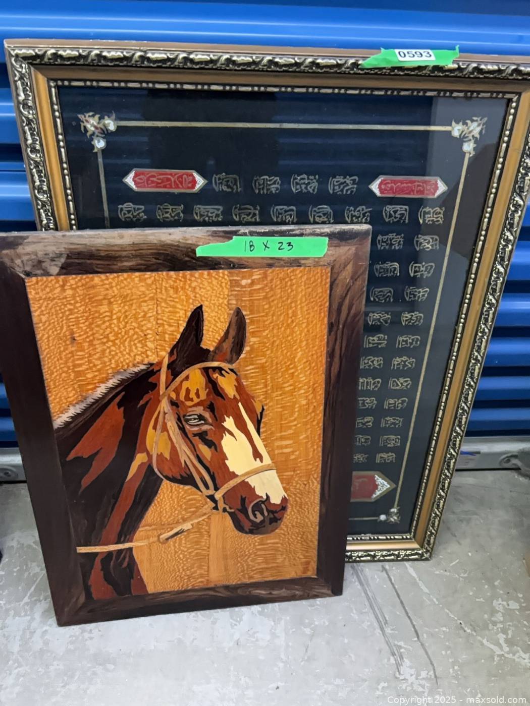 Wood inlay horse portrait and framed Arabic calligraphy art | Maxsold