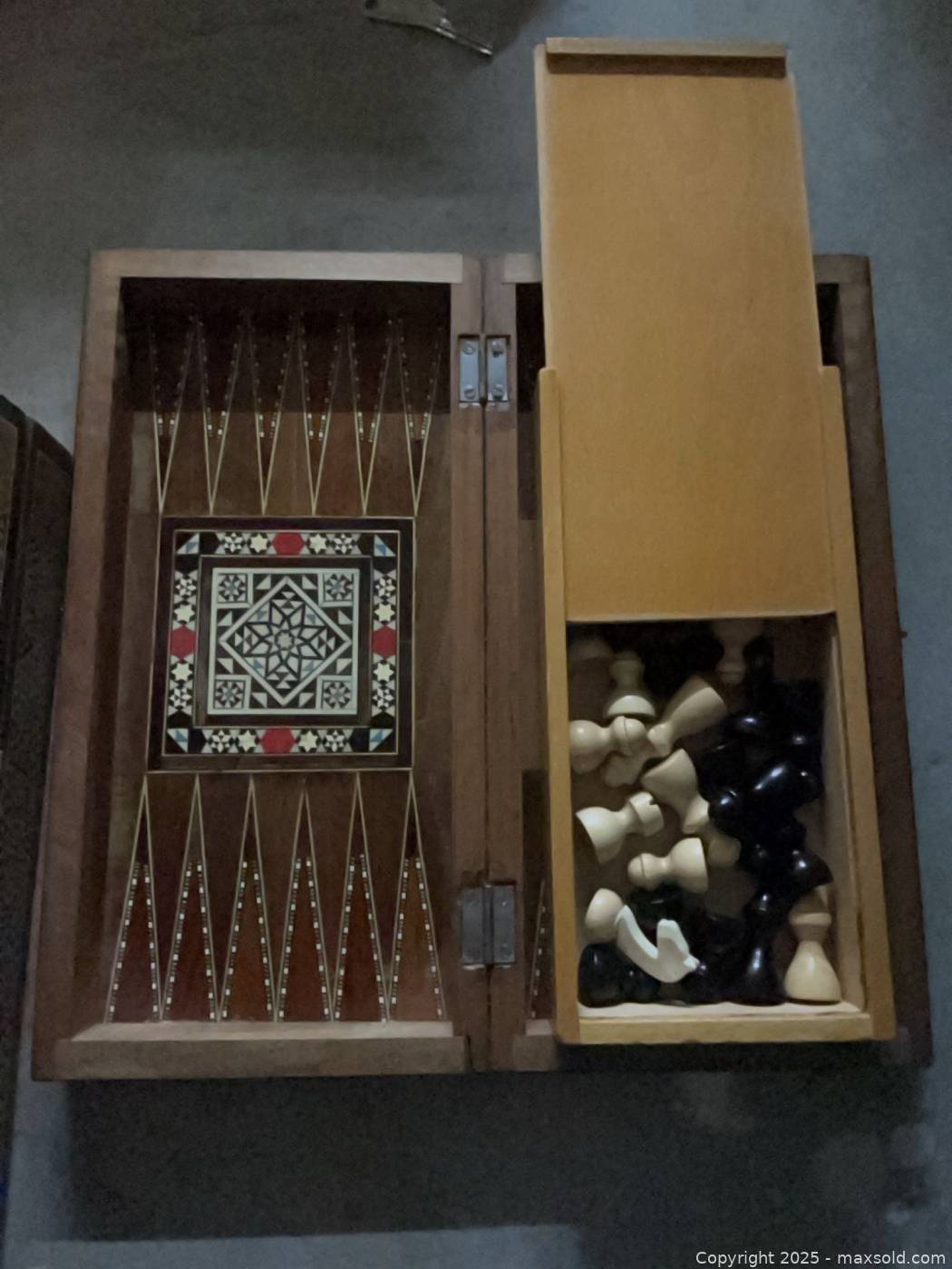 Two inlaid cedar folding chess-checkers-backgammon boards with chess ...