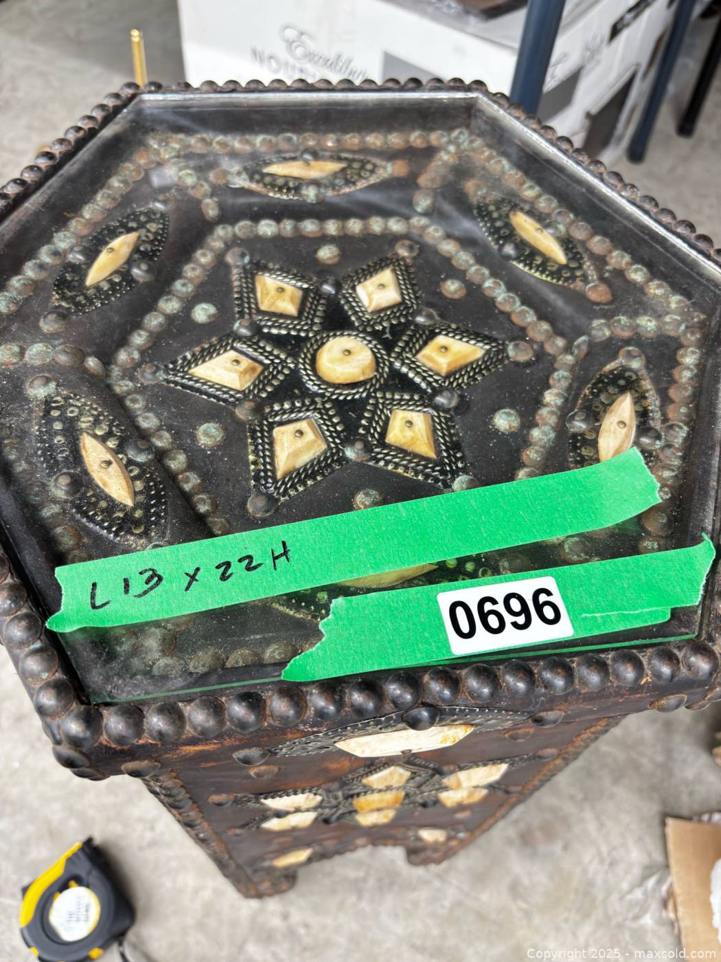 Moroccan leather-wrapped hexagonal side table | Maxsold