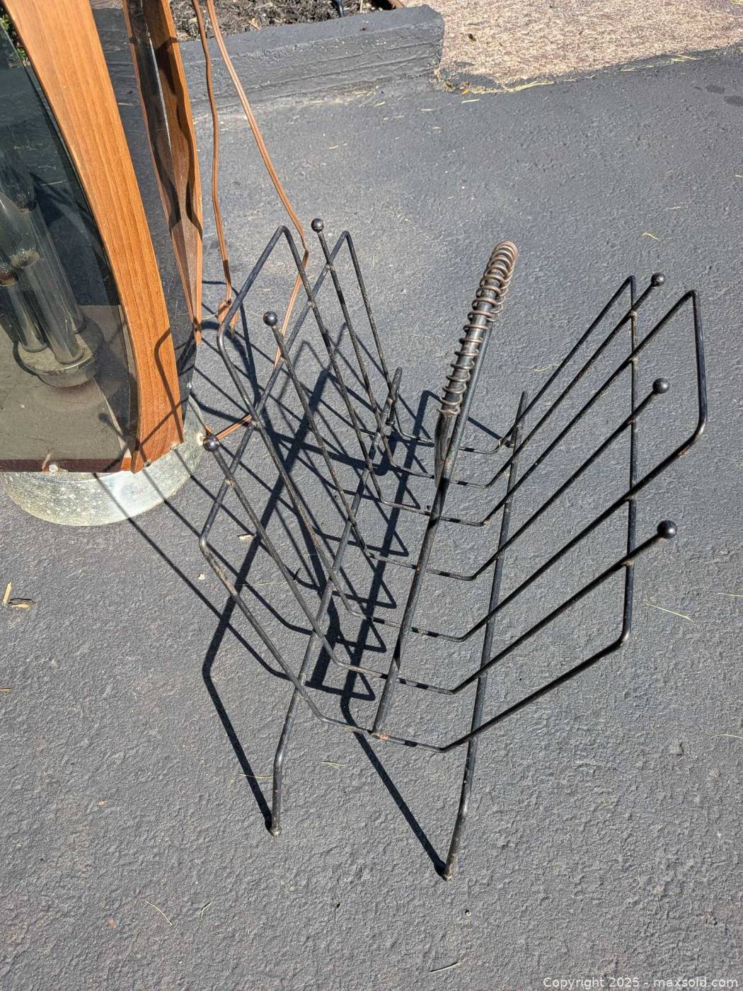 Walnut smoked lucite lamp and metal magazine rack | Maxsold