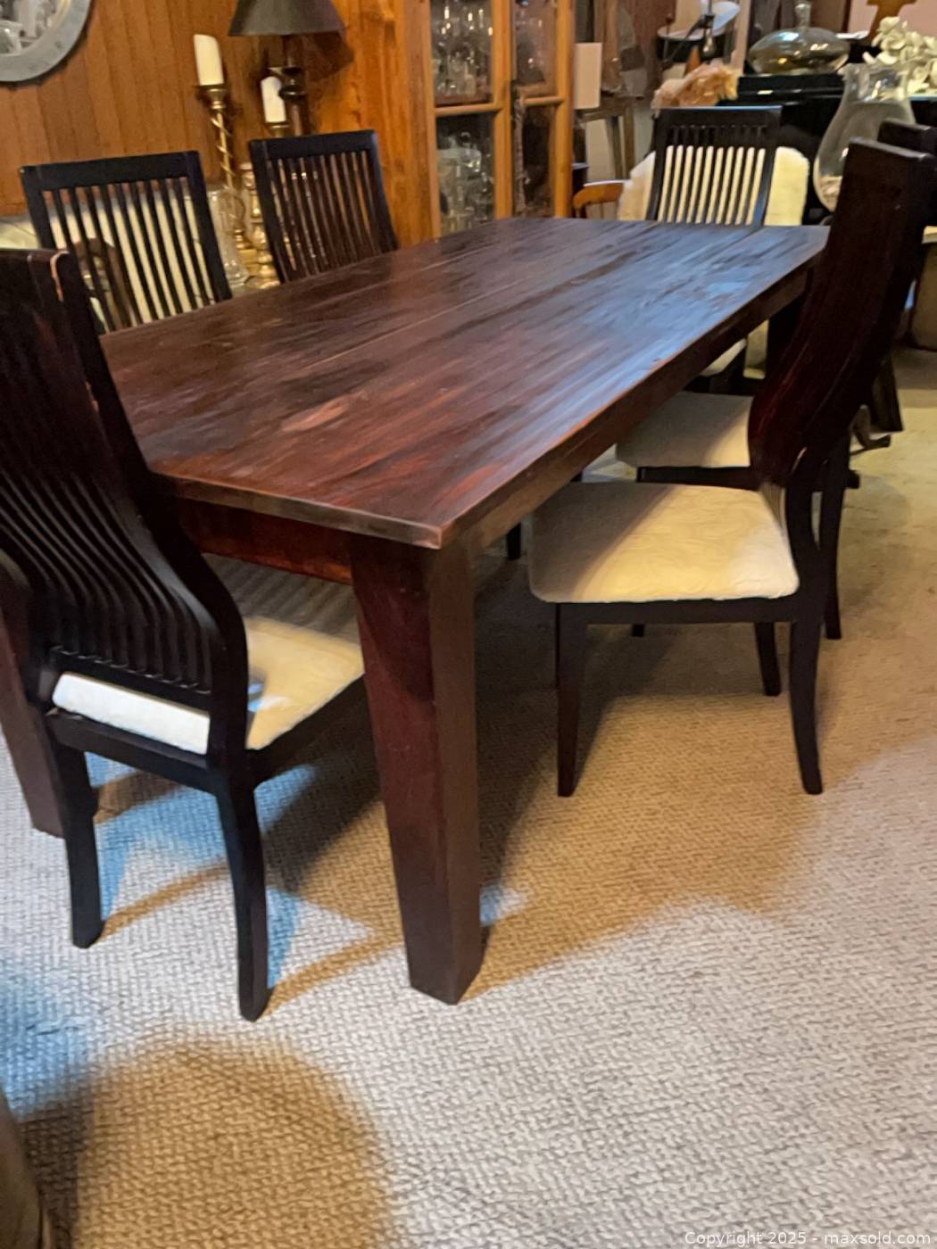 Rectangular solid wood dining table with 6 slat-back chairs | Maxsold